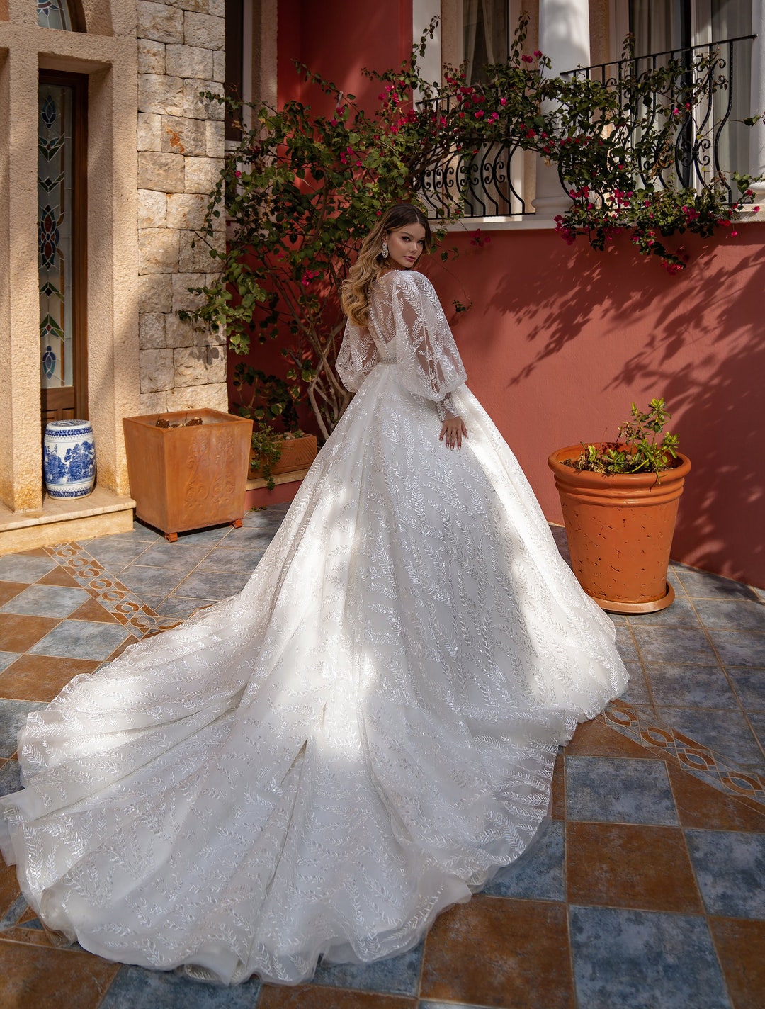 White Long Train Wedding Dress Wedding Gown Lush Sleeves - Etsy
