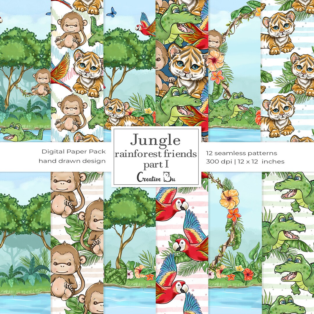 Jungle Wild Animal Seamless Pattern Tiger Monkey Parrot Crocodile ...