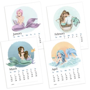 Mermaid Illustrations Printable Calendar 2024 Seasonal 12 Monthly Pages ...