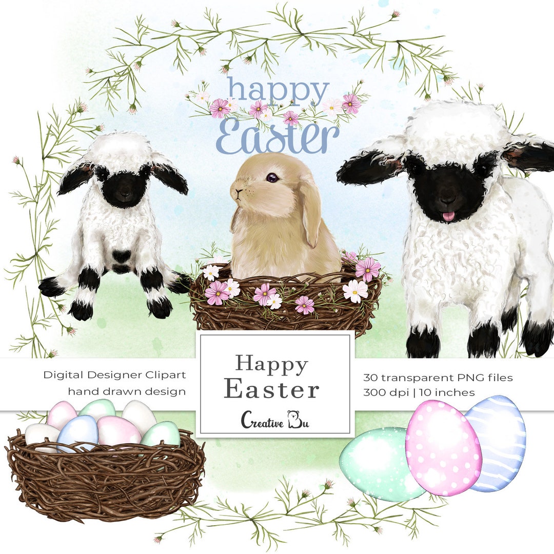 Farm Animal Watercolor Easter Clipart Cute PNG Bunny Blacknose Sheep ...