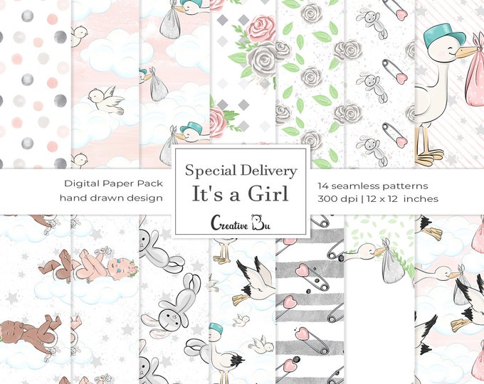 It's a Girl Seamless Pattern New Baby Girl Digital Paper - Etsy
