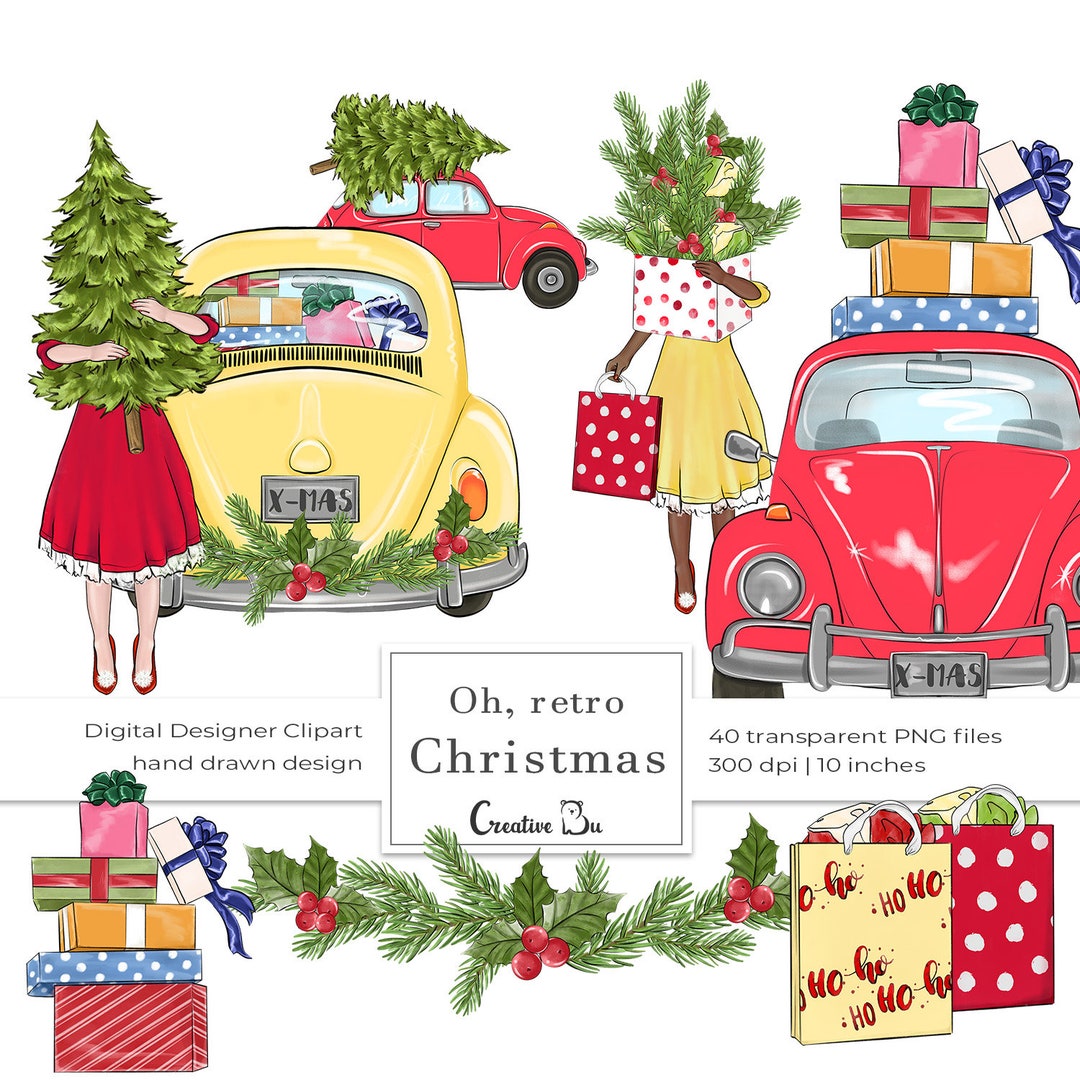 Retro Christmas Car Clipart Holiday Illustration Shopping Girl Gift ...
