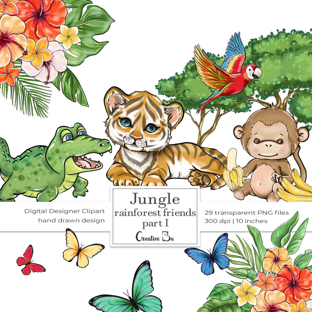 Wild Baby Animal Jungle Clipart Tropical Tiger Monkey Parrot Crocodile ...