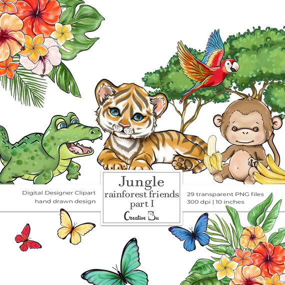 Wild Baby Animal Jungle Clipart Tropical Tiger Monkey Parrot - Etsy