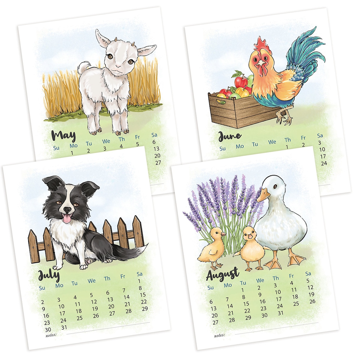 Cute Farm Animals Printable Calendar 2023 Kids Seasonal 12 - Etsy