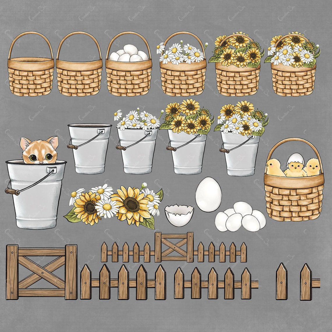 Farm Baby Animals Clipart Cute Cat Kitten Cow Chiken Hen Goat - Etsy