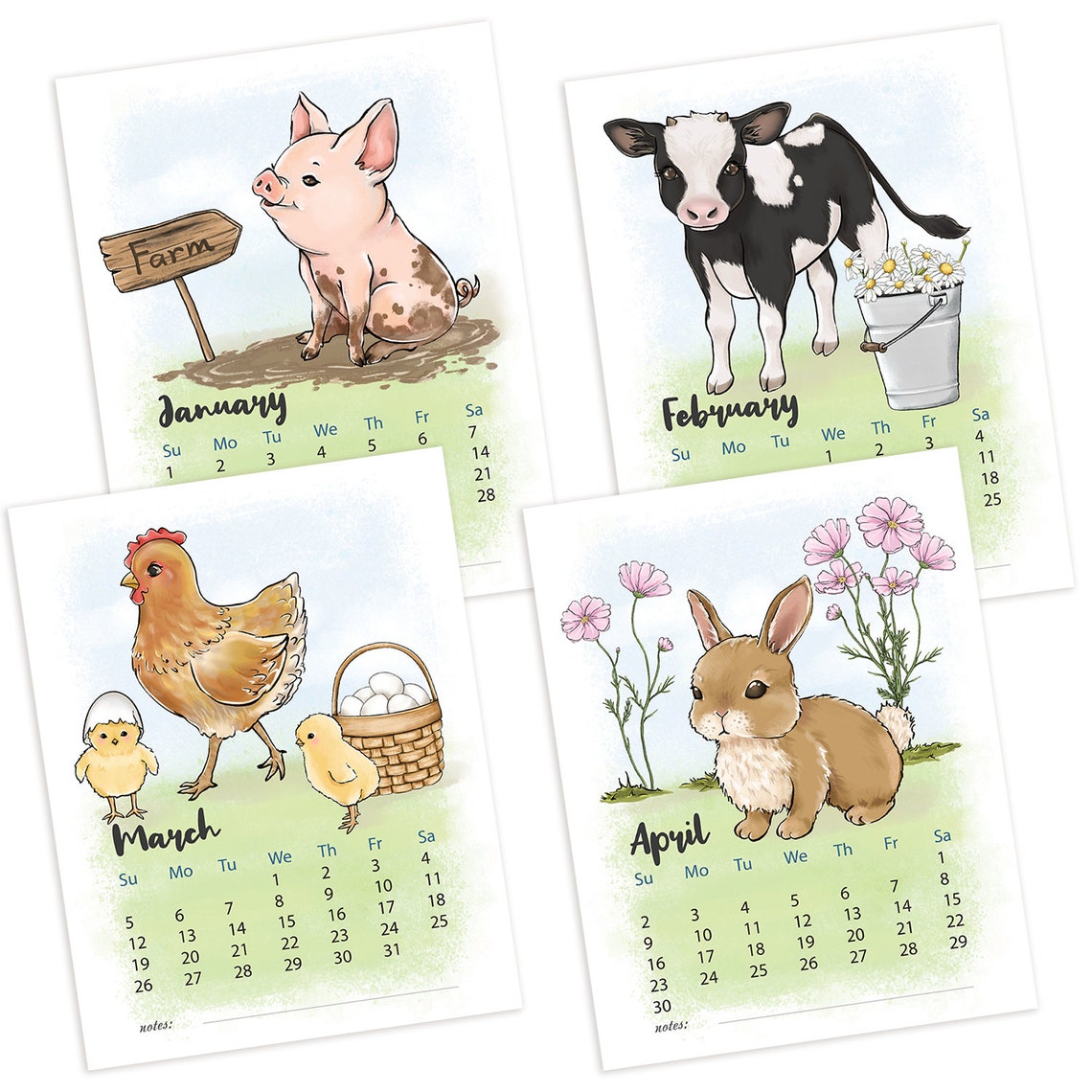 Cute Farm Animals Printable Calendar 2023 Kids Seasonal 12 - Etsy