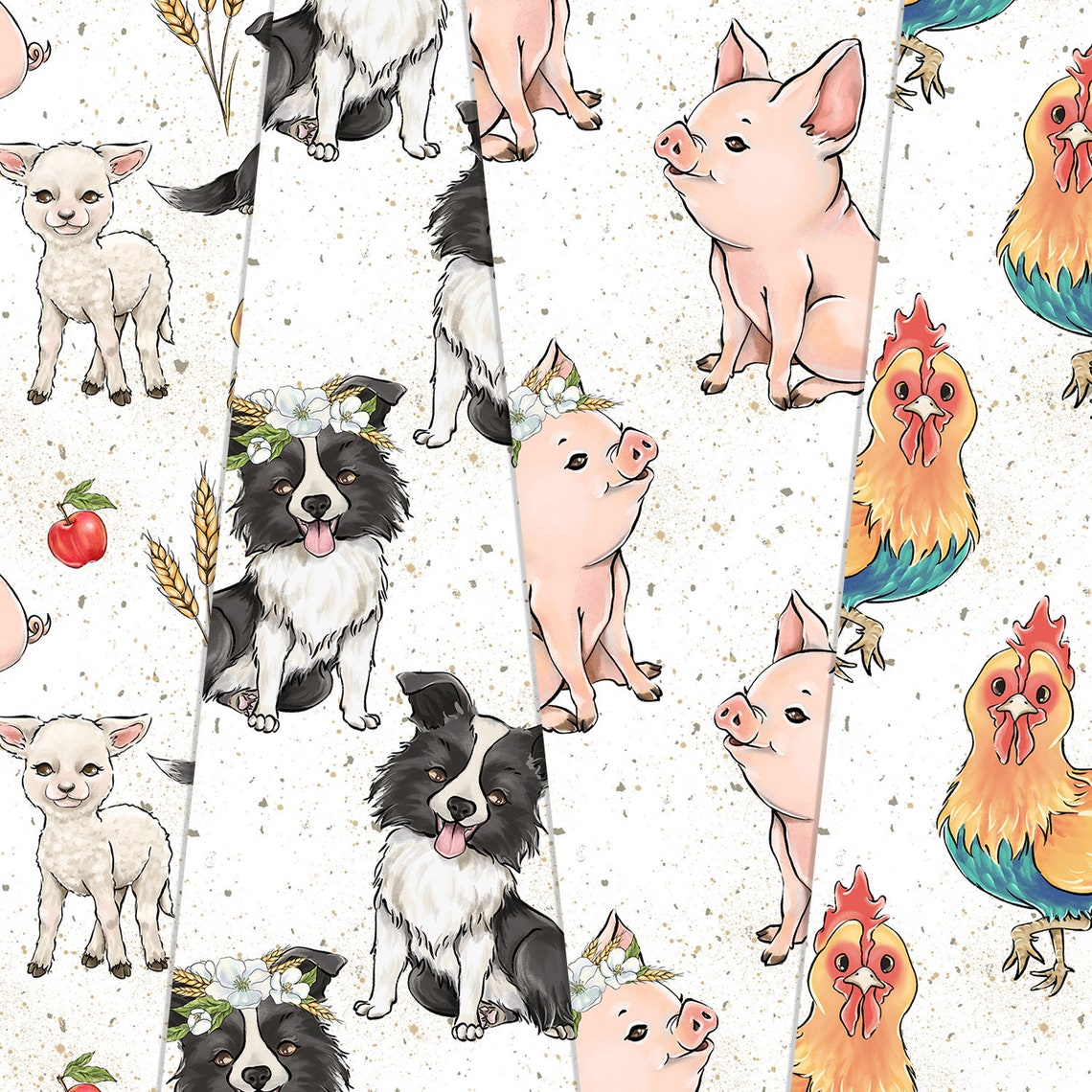 Farm Animals Digital Paper Farmyard Seamless Pattern Cute Pig | Etsy