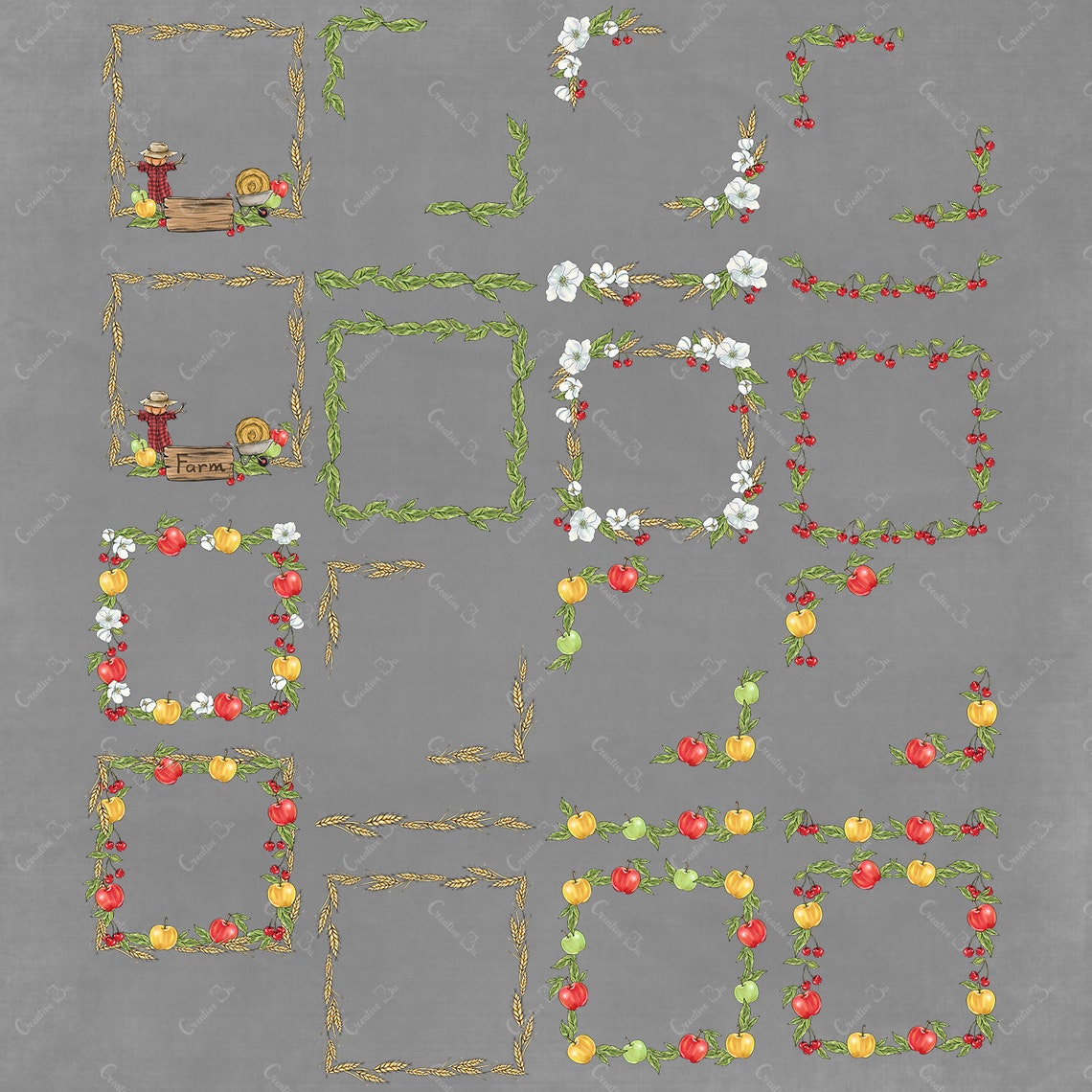 Farm Wreath Frame Border Clipart Fruit Wreath Floral Border - Etsy