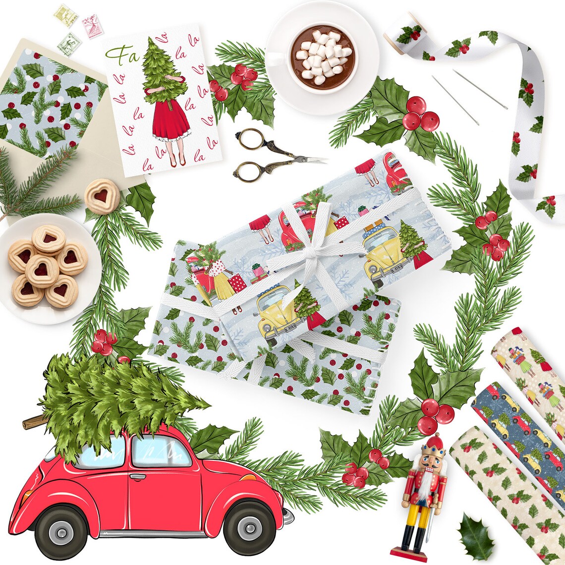 Retro Christmas Car Clipart Holiday Illustration Shopping Girl - Etsy