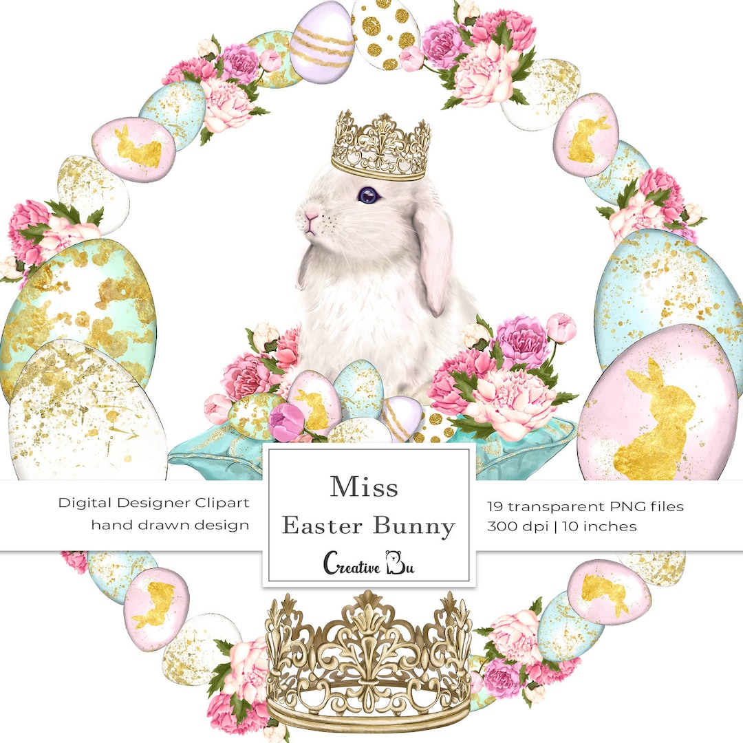 Easter Bunny Clipart White Rabbit Illustration Easter Eggs Peonies ...