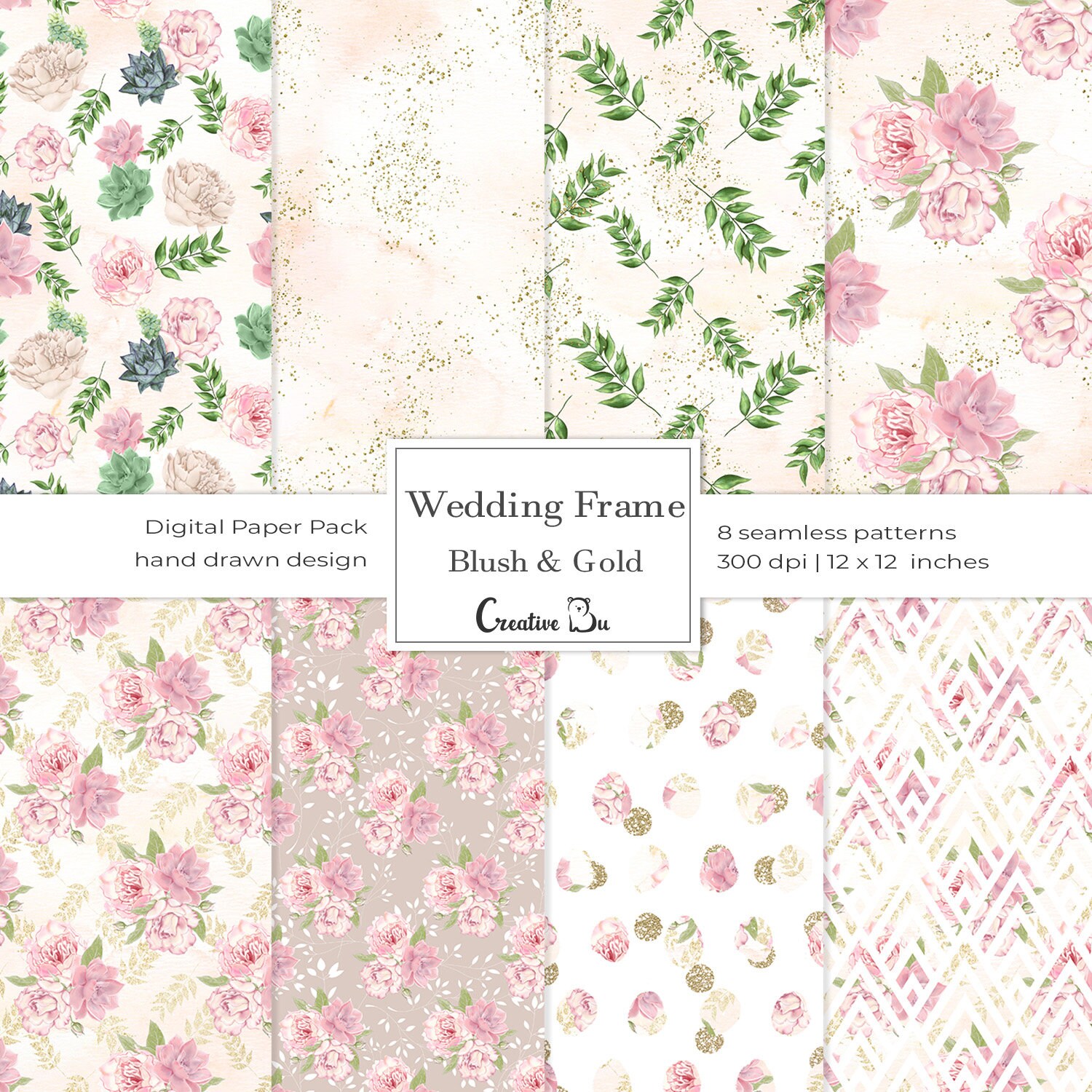 Succulent Wedding Seamless Pattern Floral Illustration Digital - Etsy