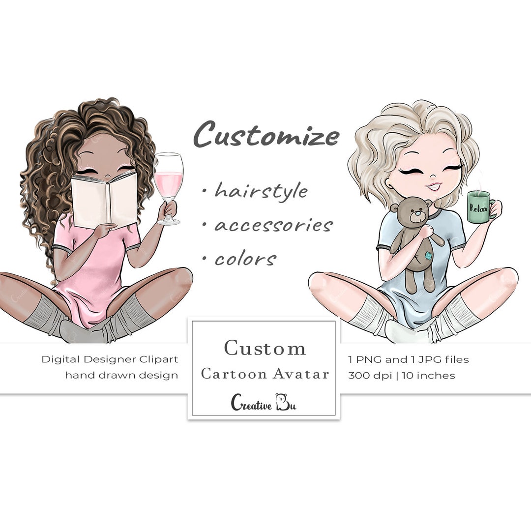 Reading Girl Custom Portrait Cartoon Avatar Girls Night Clipart Social ...
