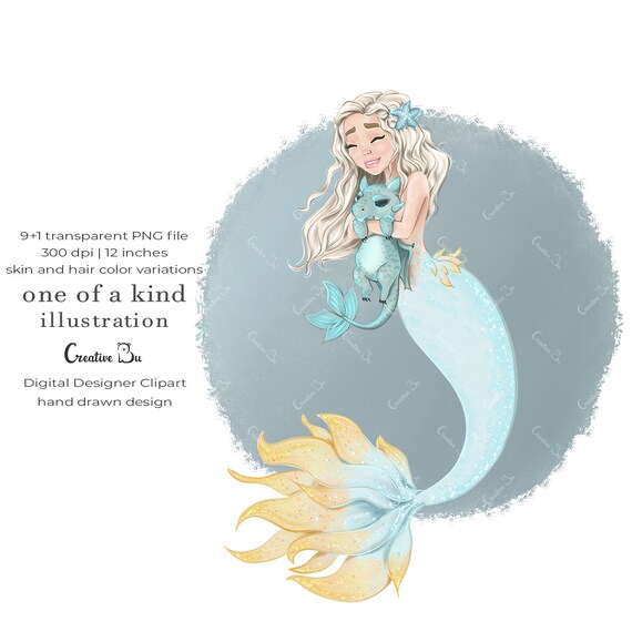 Mermaid Hug Baby Dragon Fashion Illustration Pet PNG Fairy | Etsy