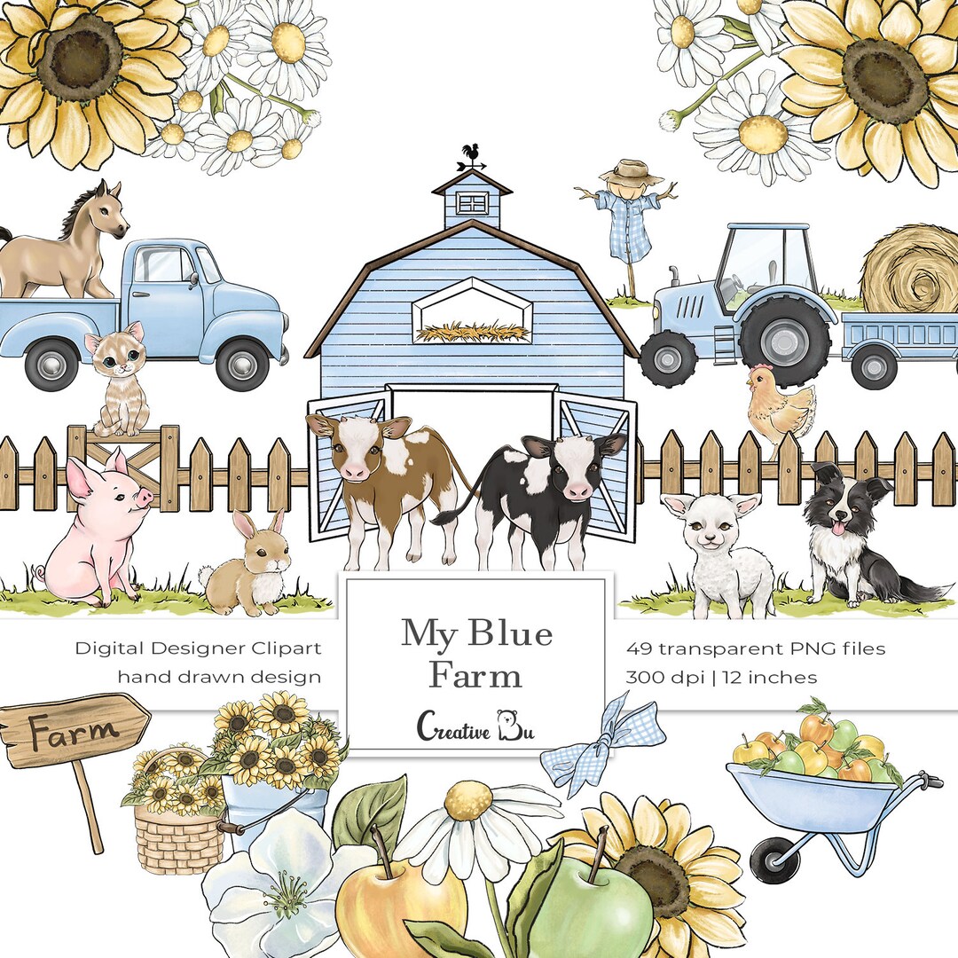 Cute Blue Farm Clipart Animals Boy Birthday Invitation Flower Farm ...