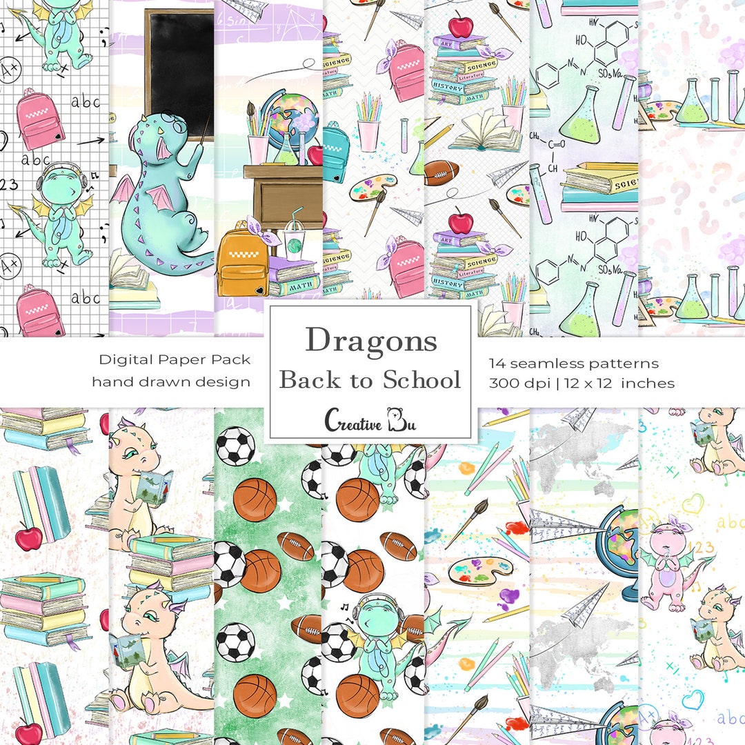 Dragon Back to School Digital Seamless Pattern Nursery Design Printable ...