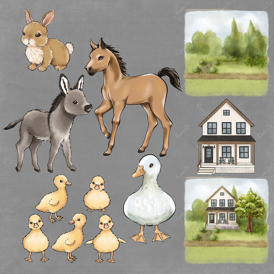 Farm Baby Animals Clipart Cute Donkey Horse Duckling Duck - Etsy