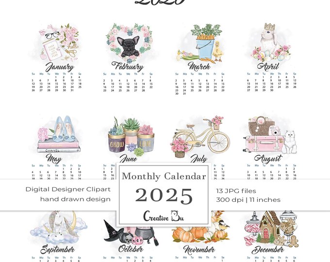 Watercolor Illustrations Printable Calendar 2025 Seasonal 12 Monthly ...