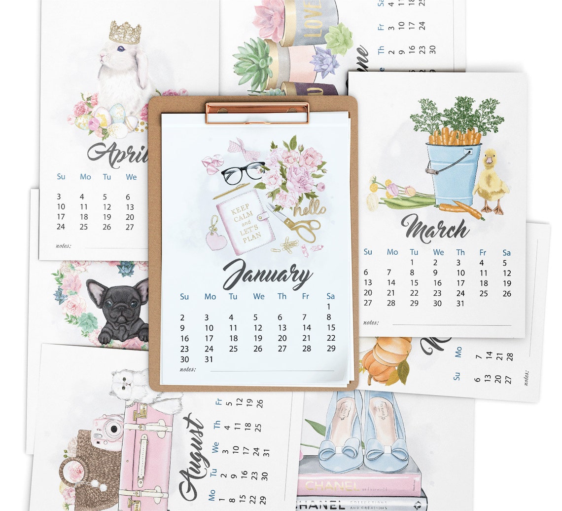 Watercolor Illustrations Printable Calendar 2023 Seasonal 12 - Etsy
