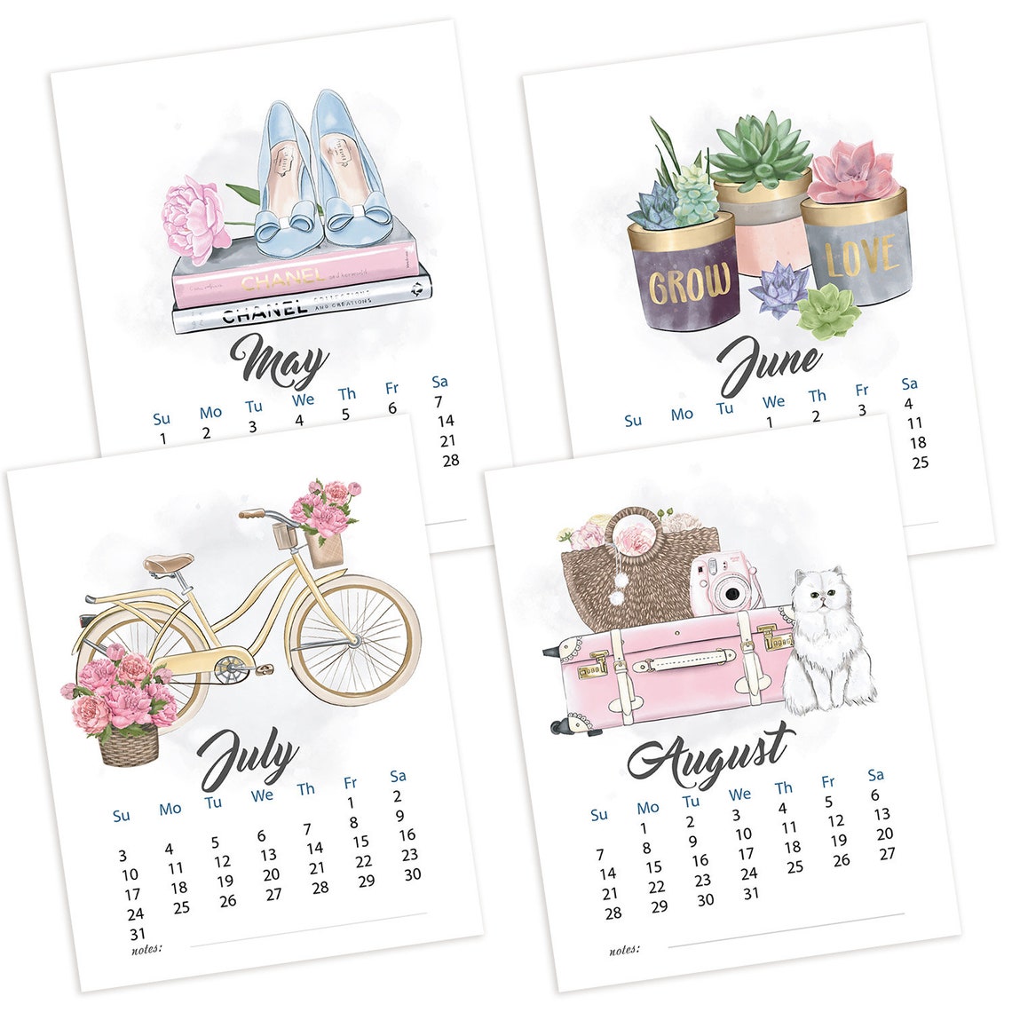 Watercolor Illustrations Printable Calendar 2023 Seasonal 12 - Etsy