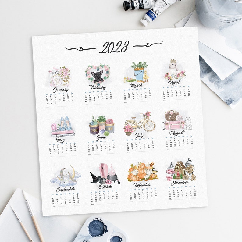 Watercolor Illustrations Printable Calendar 2023 Seasonal 12 - Etsy