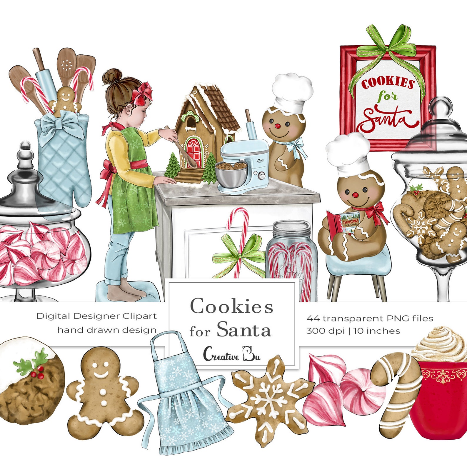 Christmas Santa Cookie Clipart Cute Baking Girl Clip Art - Etsy