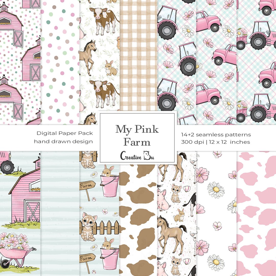 Pink Farm Digital Paper Animals Girl Birthday Invitation Nursery ...
