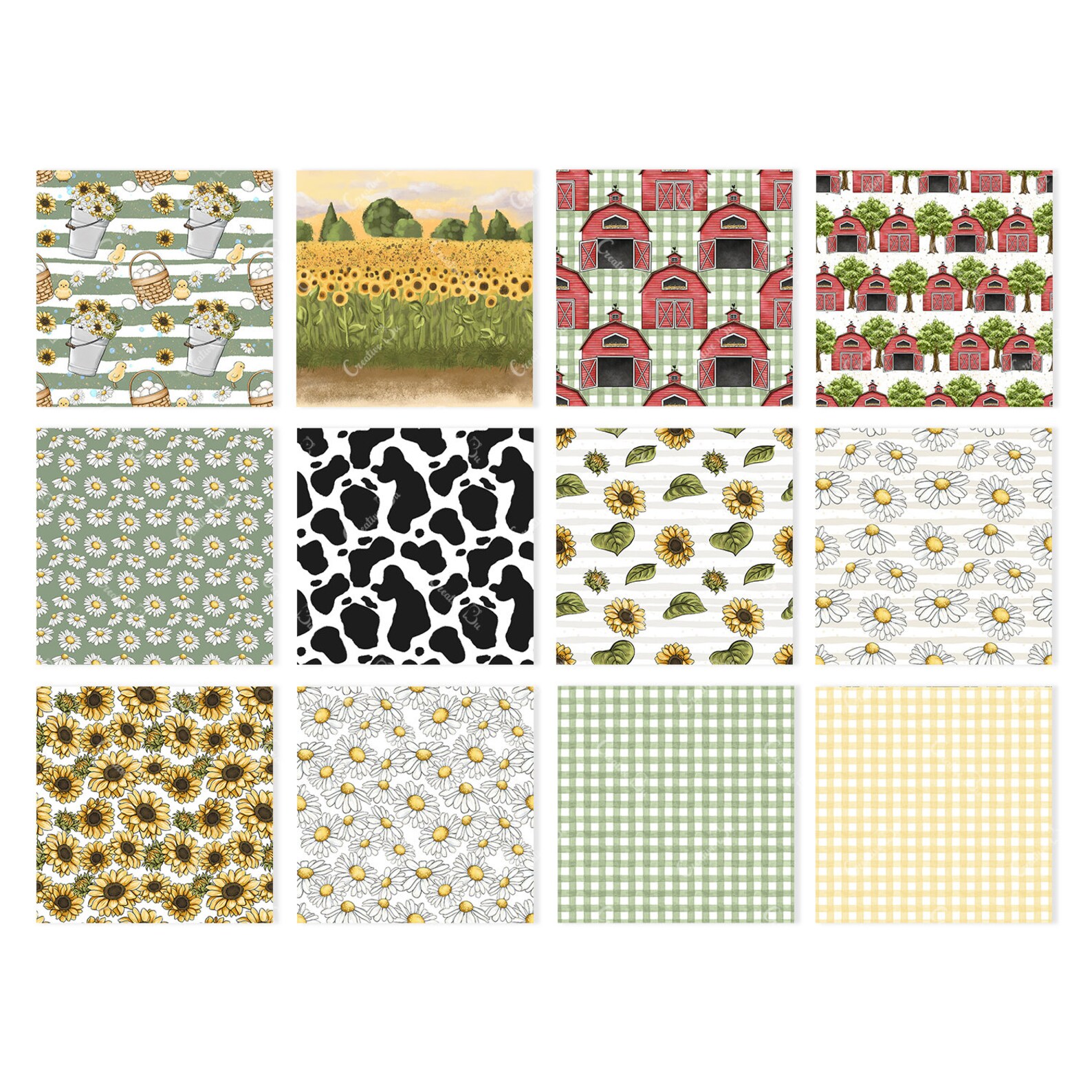 Farm Digital Paper Farmyard Seamless Pattern Daisy Sunflower - Etsy