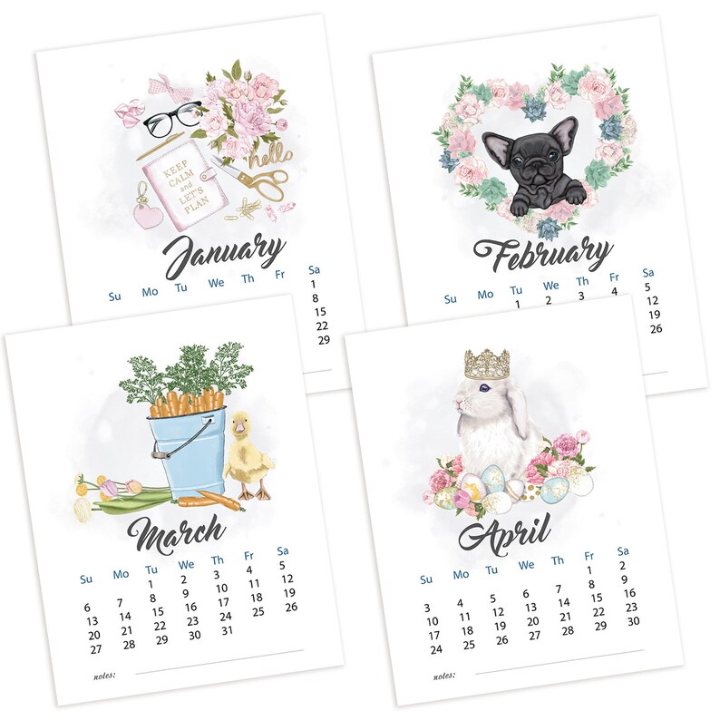 Watercolor Illustrations Printable Calendar 2023 Seasonal 12 - Etsy