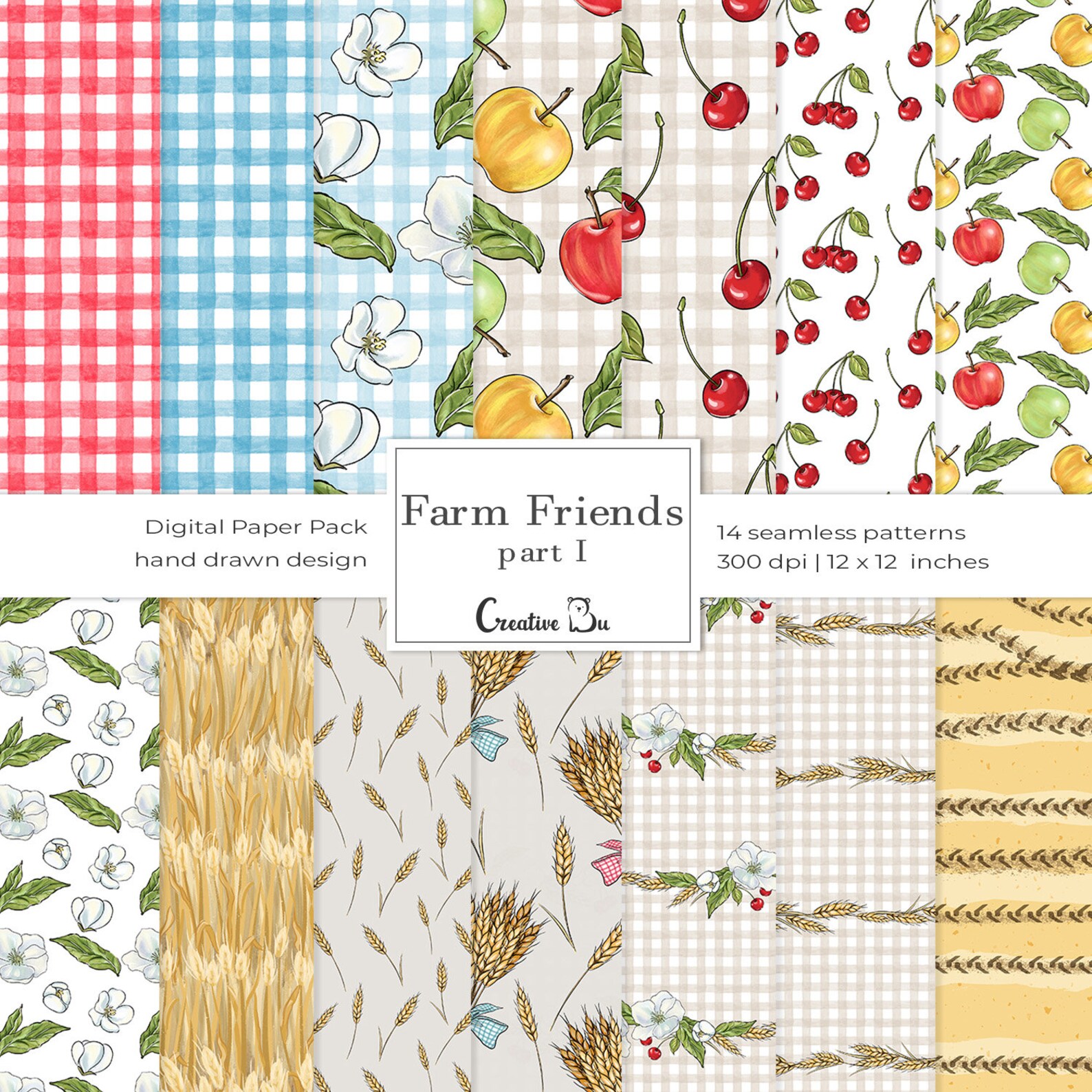 Farm Digital Paper Farmyard Seamless Pattern Fruit Apple - Etsy