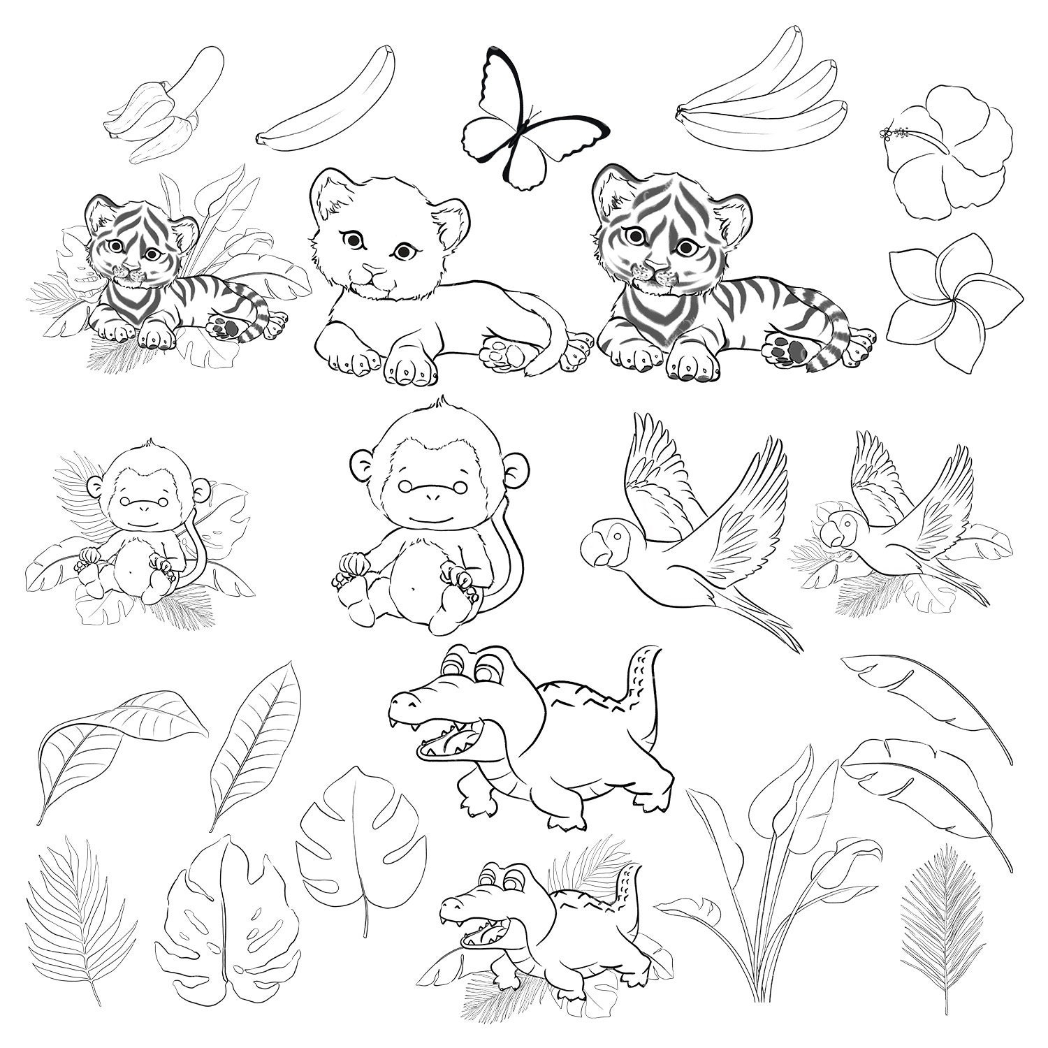 Jungle Rainforest Doodle Line Clipart Kids Printable Coloring - Etsy