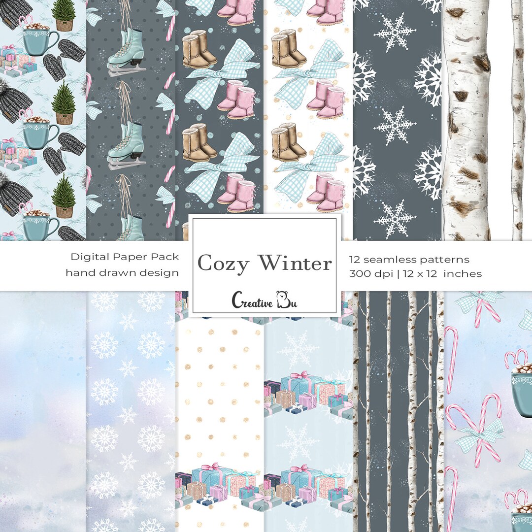 Cozy Winter Ice Skating Digital Seamless Paper Birch Tree Pattern ...