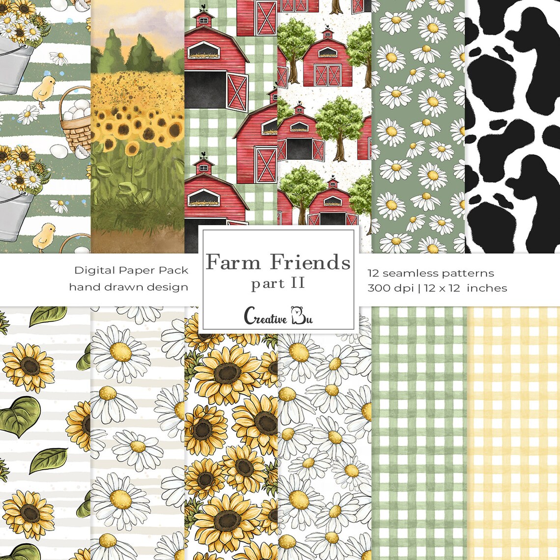 Farm Digital Paper Farmyard Seamless Pattern Daisy Sunflower - Etsy