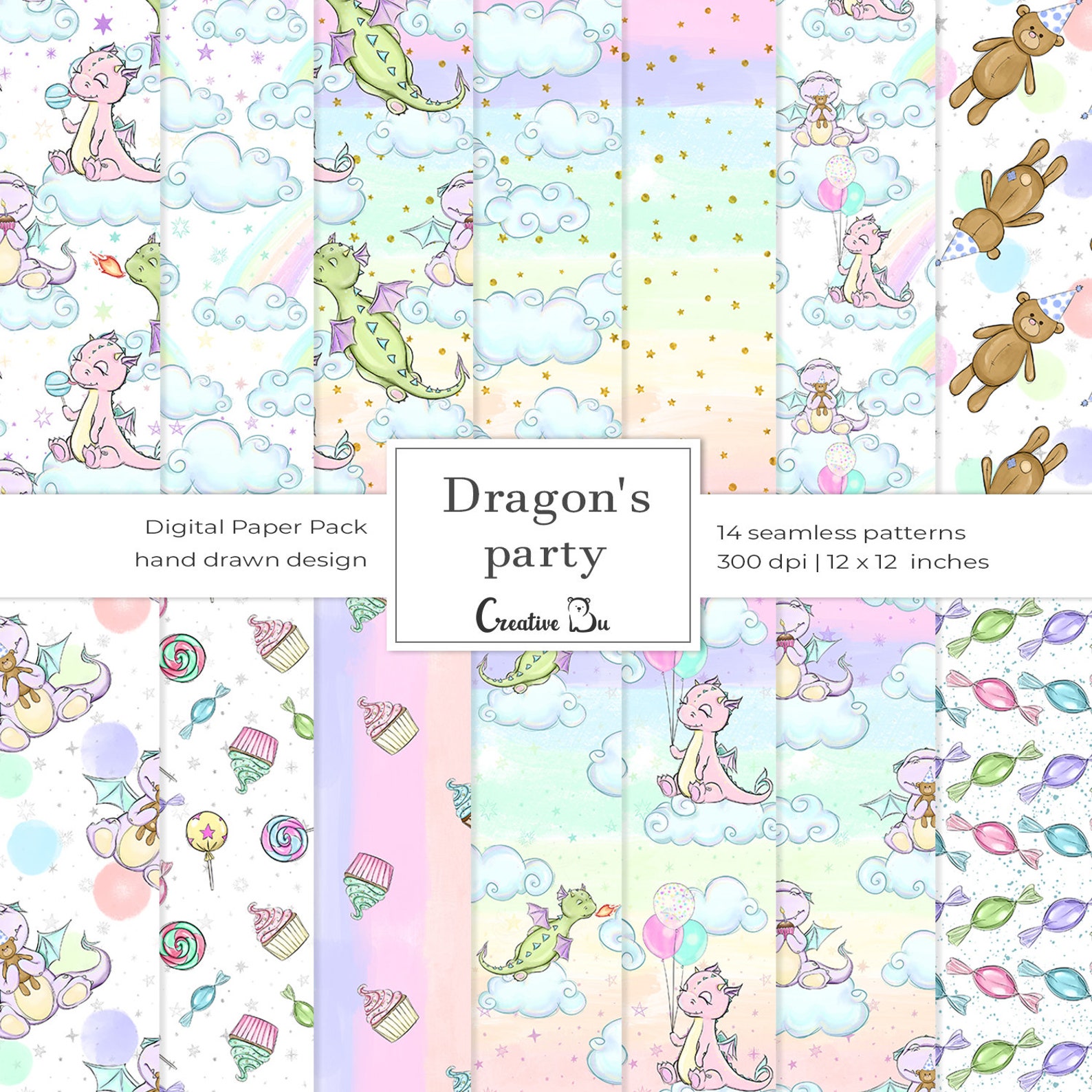 Cute Dragon Seamless Pattern Girl and Boy Dragon Friends - Etsy