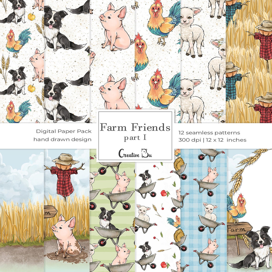 Farm Animals Digital Paper Farmyard Seamless Pattern Cute Pig | Etsy