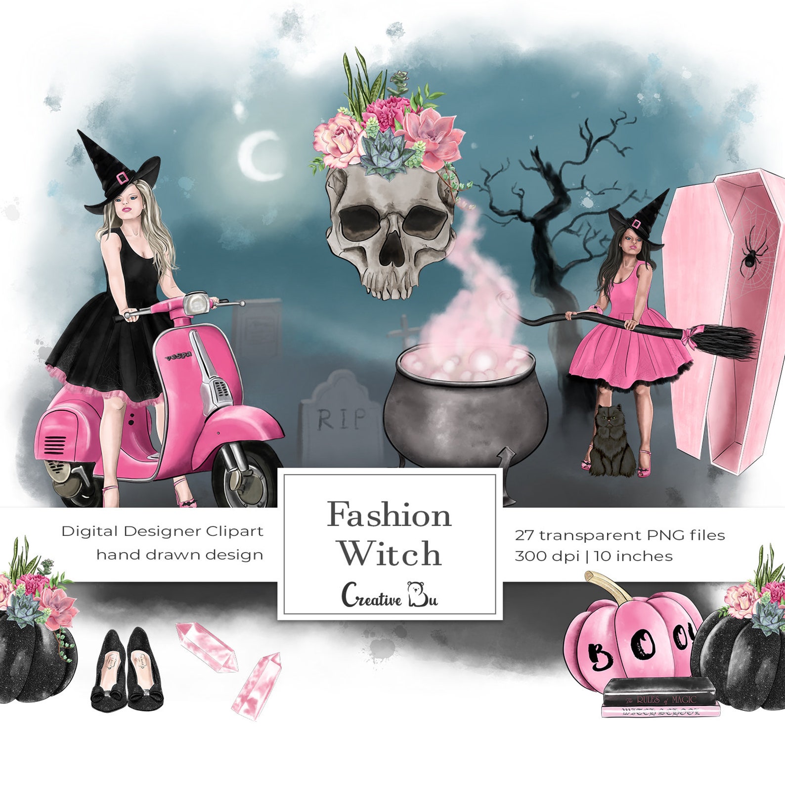 Halloween Clipart Fashion Witch Girl Pumpkin Clip Art Skull - Etsy