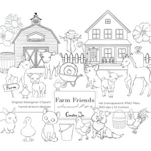 Farm Baby Animal Coloring Pages Farmyard Animal Doodle Line Digital ...