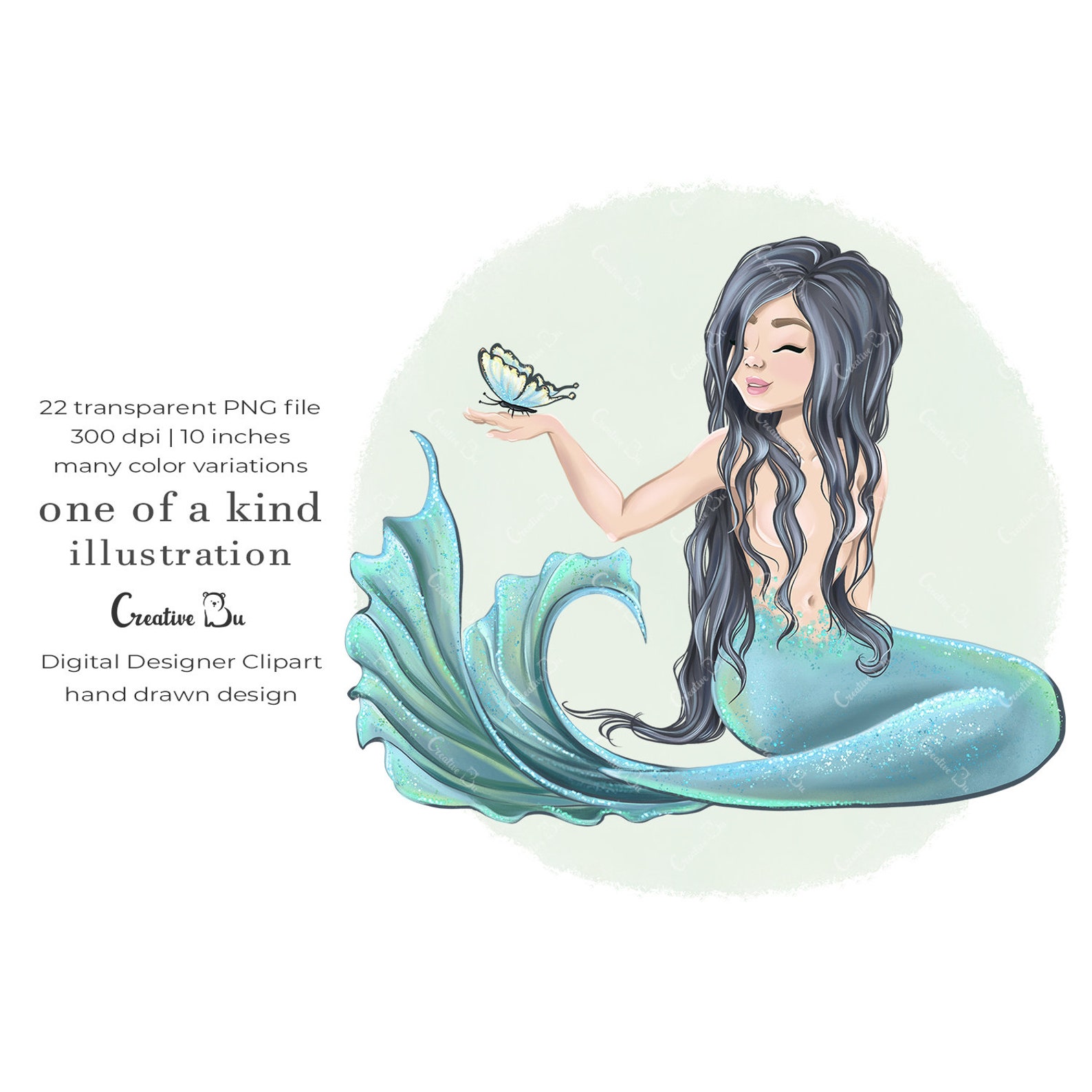 Mermaid and Buterfly Clipart Illustration Oceans Mermay - Etsy