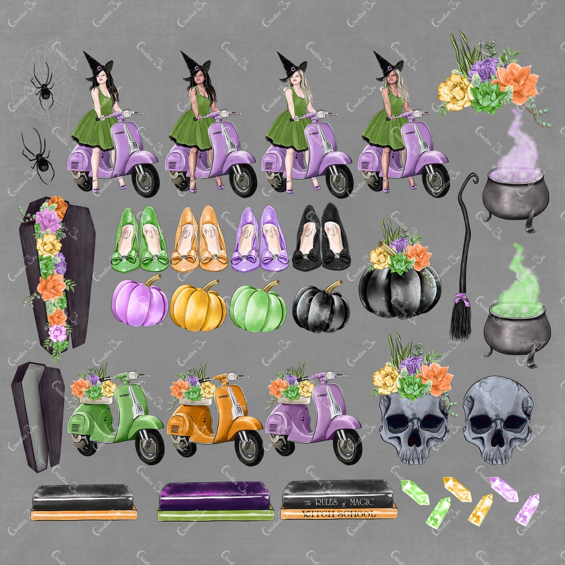 Halloween Color Clipart Fashion Witch Girl Pumpkin Coffin Clip - Etsy