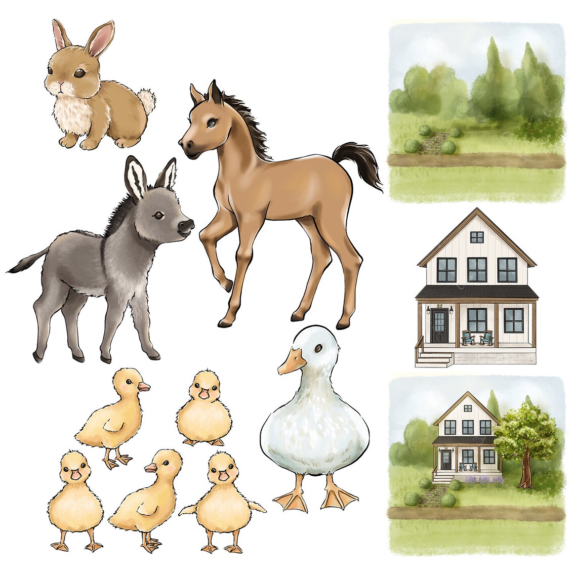 Farm Baby Animals Clipart Cute Donkey Horse Duckling Duck - Etsy