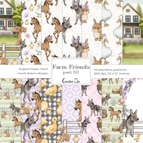 Farm Animals Digital Paper Farmyard Seamless Pattern Cute - Etsy