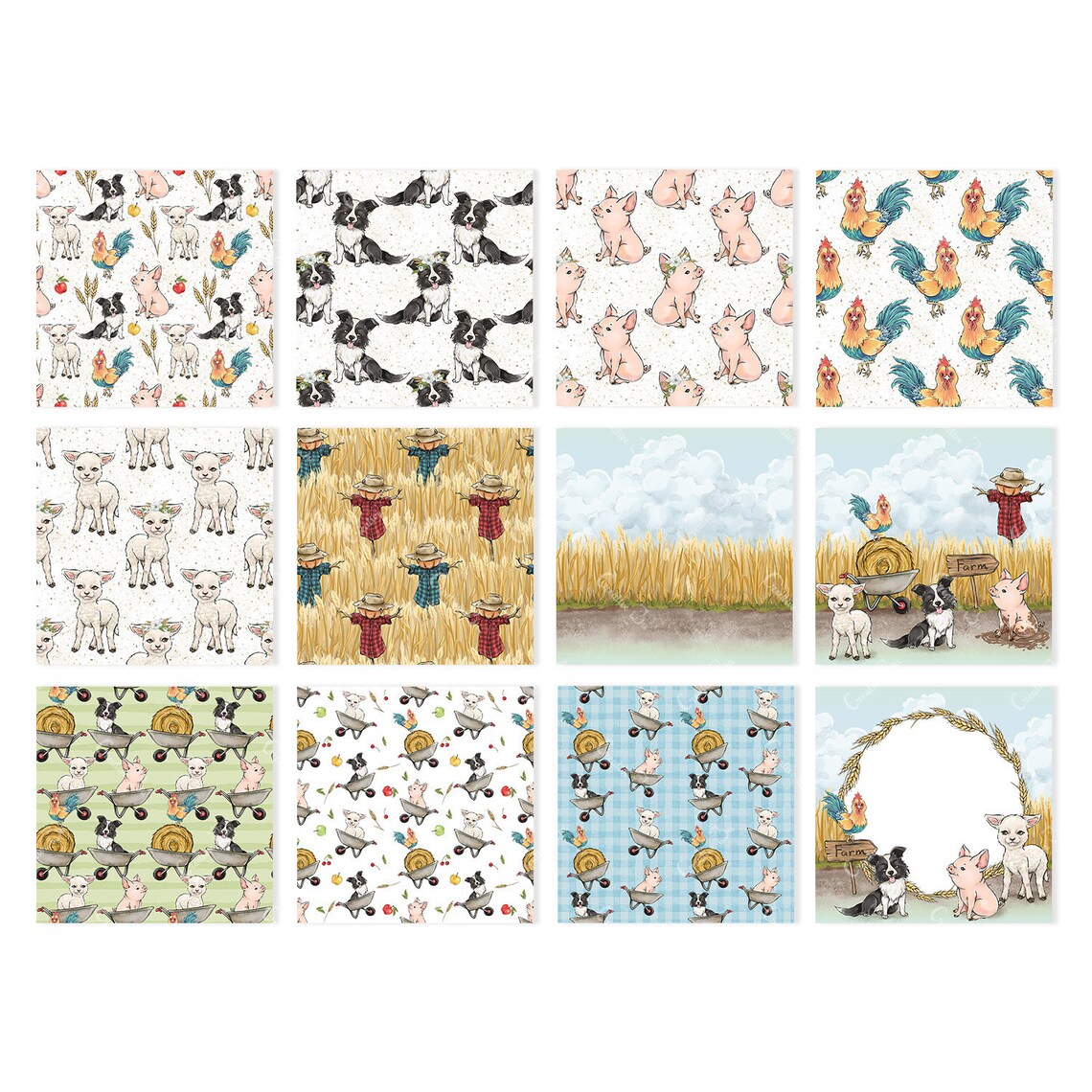 Farm Animals Digital Paper Farmyard Seamless Pattern Cute Pig | Etsy