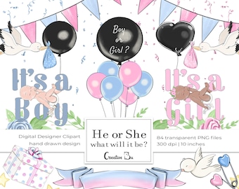 Gender Reveal Baby Clipart Shower Party He or She Balloon - Etsy