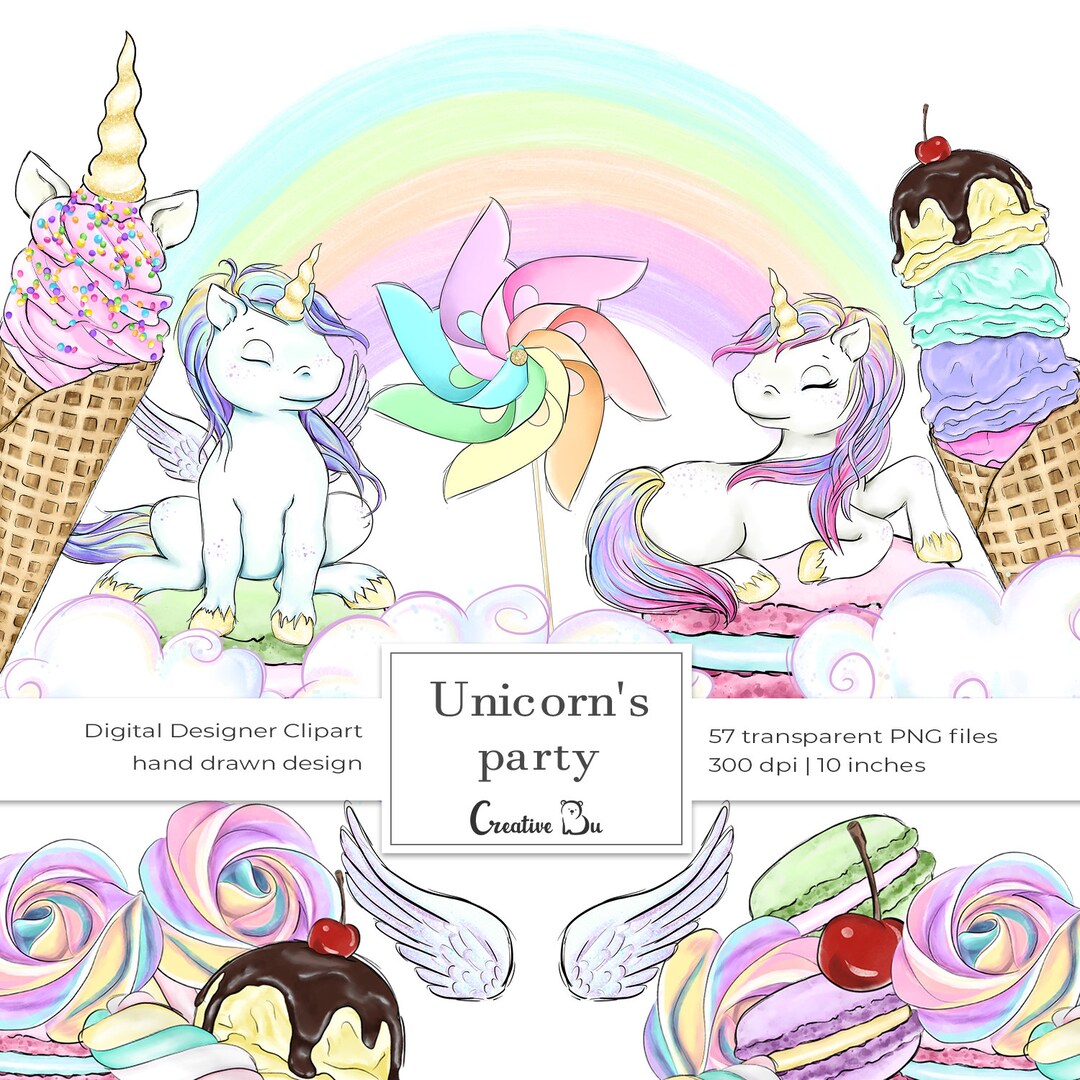 Cute Unicorn Birthday Party Clipart Twins Baby Shower Cake Candy ...