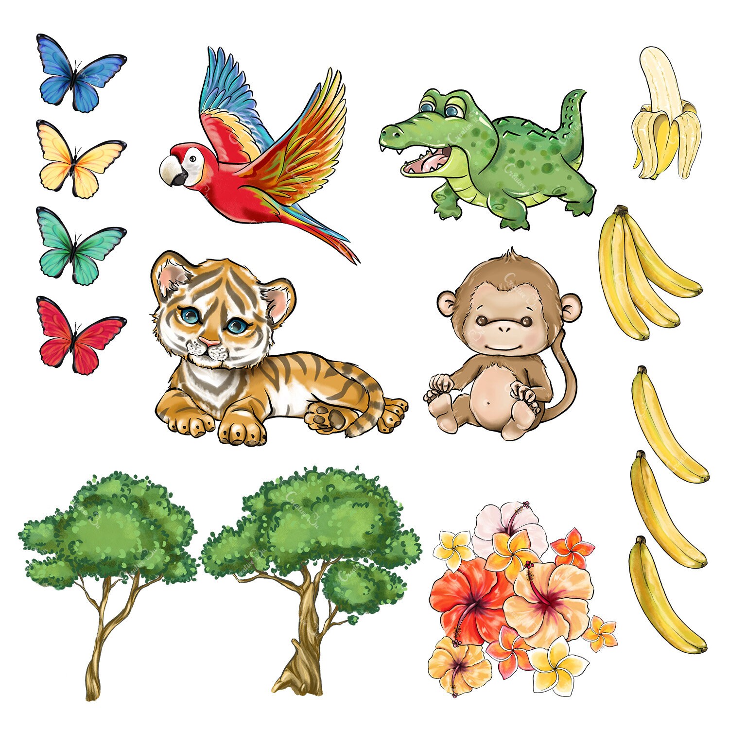 Wild Baby Animal Jungle Clipart Tropical Tiger Monkey Parrot | Etsy