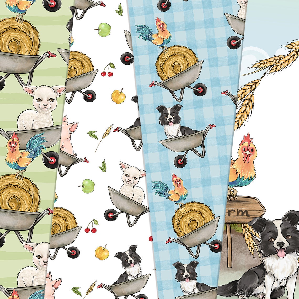 Farm Animals Digital Paper Farmyard Seamless Pattern Cute Pig | Etsy