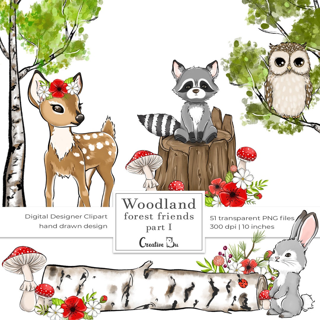 Forest Animals Clipart Spring Woodland Party Deer Kids Clipart Poppies ...