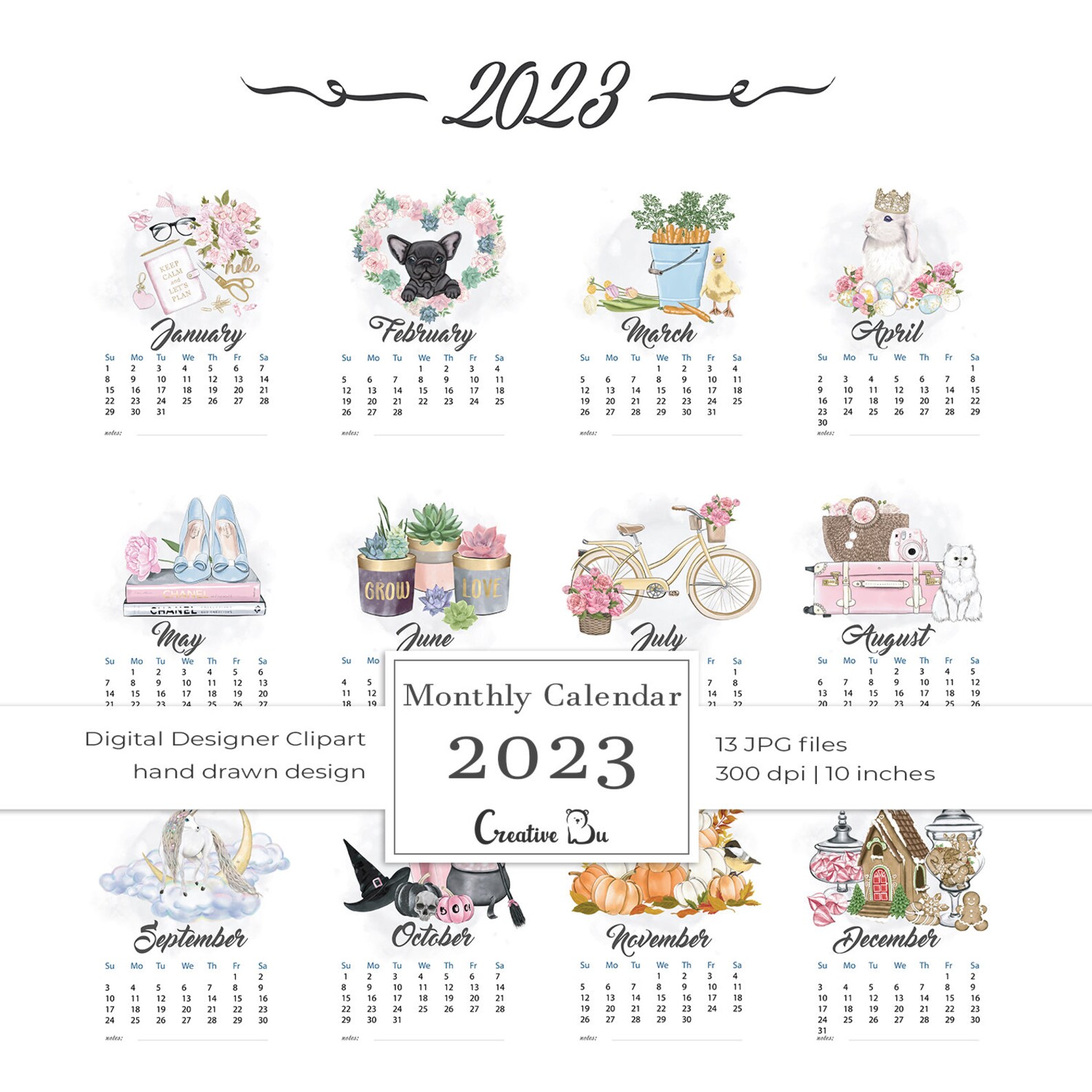 Watercolor Illustrations Printable Calendar 2023 Seasonal 12 - Etsy