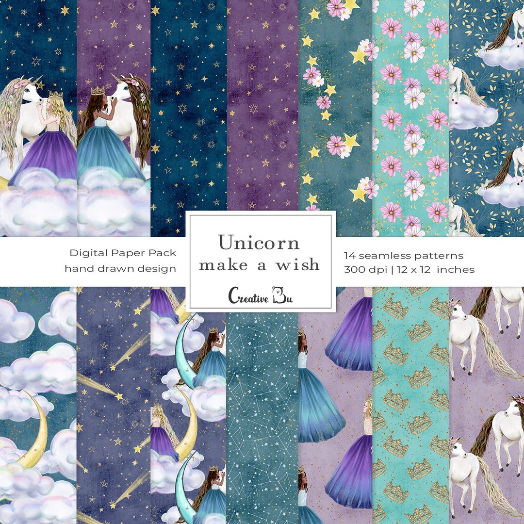Unicorn and Princess Digital Paper Girl Illustration Stars Seamless ...