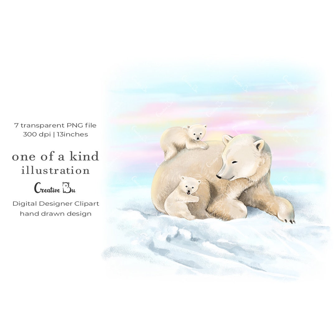 Polar Bear and Cubs Clipart Illustration Cute Mama Bear Baby White ...